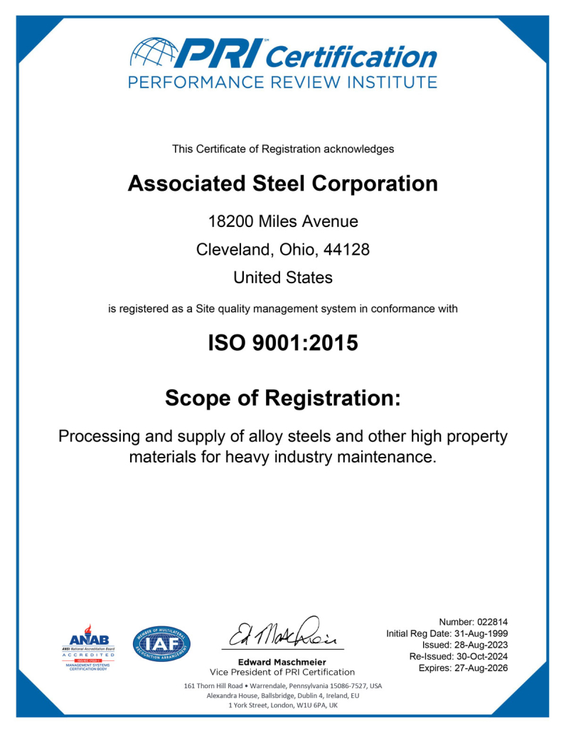 ISO Certificate | Associated Steel Company